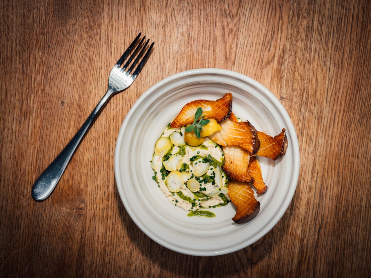 Gebratene Kräuterseitlinge und Maroni-Erdäpfel-Espuma